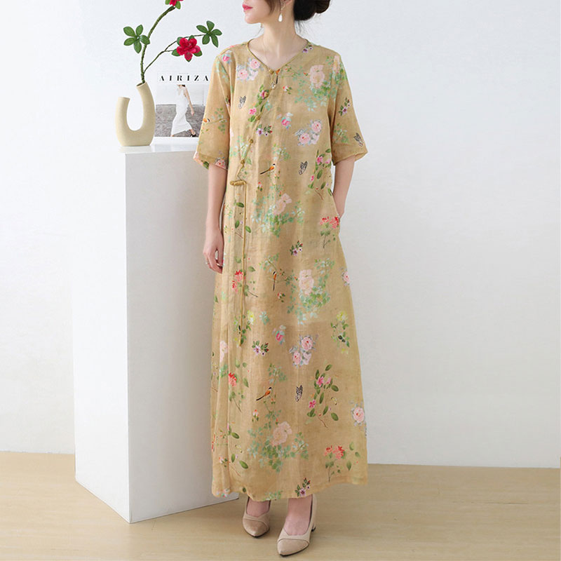 Chinese Buttons Ramie Vacation Dress Loose-Fit Cheongsam Dress in ...