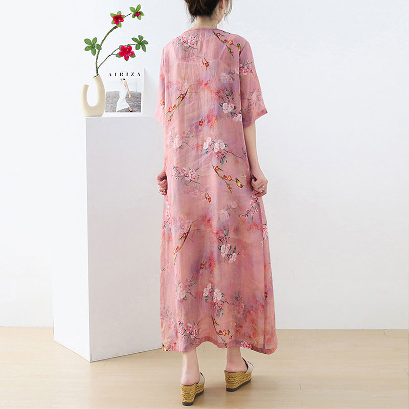Chinese Buttons Ramie Vacation Dress Loose-Fit Cheongsam Dress in ...