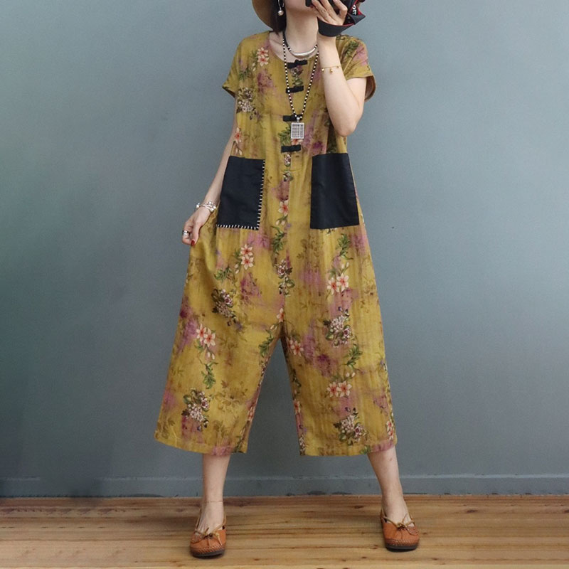 Chinese Style Floral Jumpsuits Cotton Linen Beach Outfits in Black ...