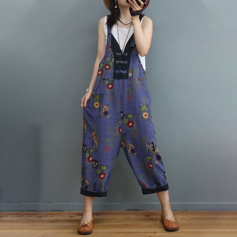 Frog Buttons Backless Sunflowers Overalls V-Neck Cotton Linen Folk ...