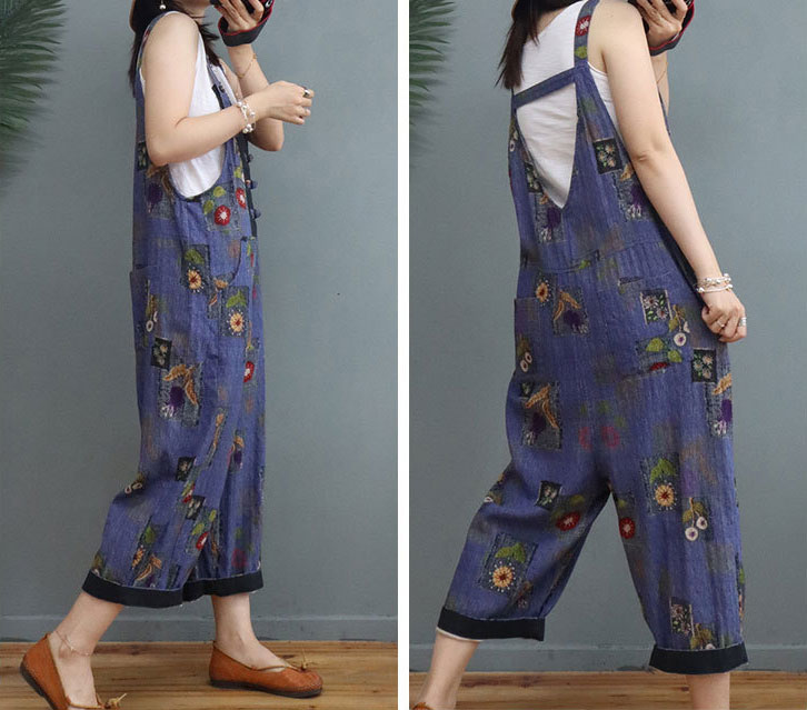 Frog Buttons Backless Sunflowers Overalls V-Neck Cotton Linen Folk ...