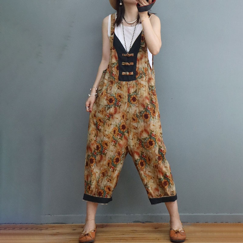 Frog Buttons Backless Sunflowers Overalls V-Neck Cotton Linen Folk ...