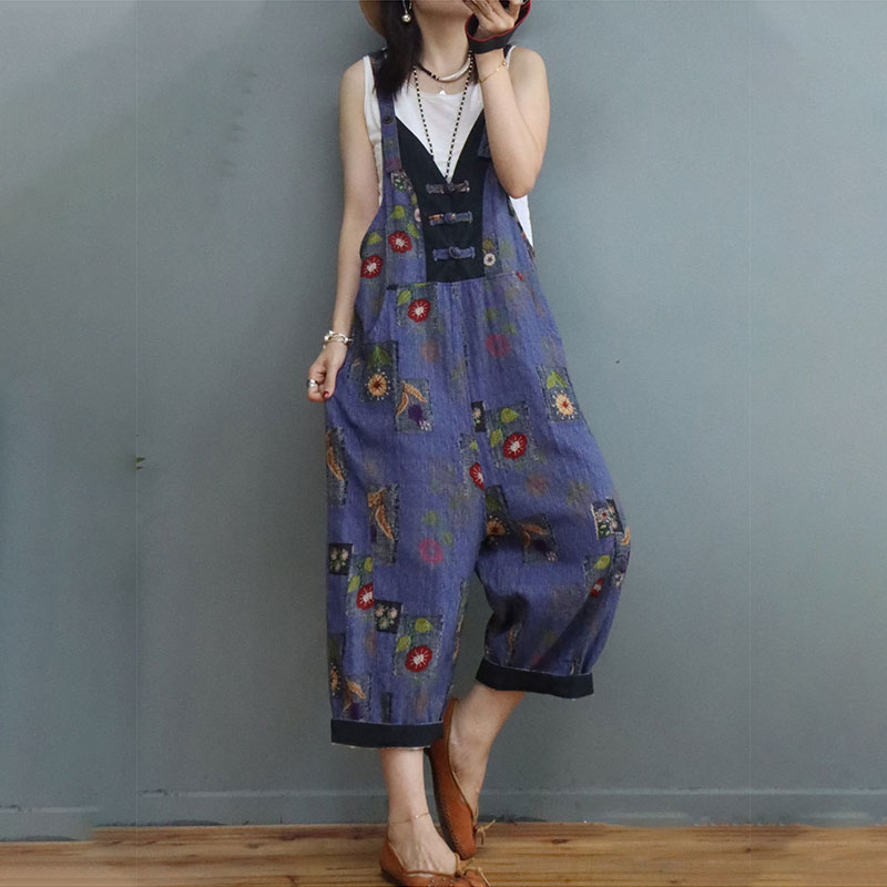 Frog Buttons Backless Sunflowers Overalls V-Neck Cotton Linen Folk ...