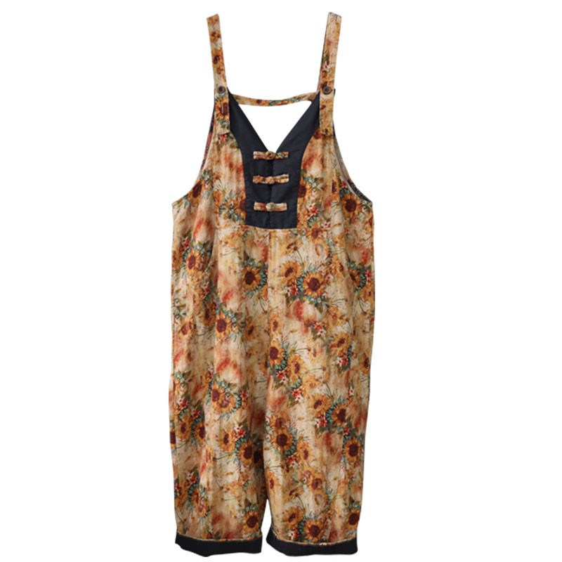 Frog Buttons Backless Sunflowers Overalls V-Neck Cotton Linen Folk ...