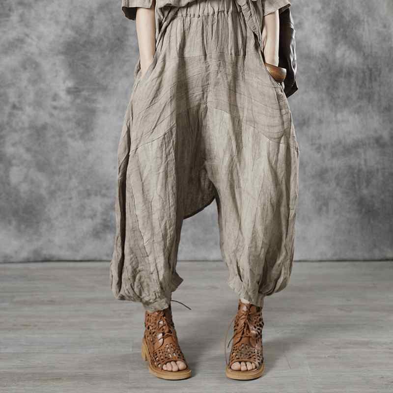 Low Crotch Linen Cropped Pants Plain Cozy Ankle Pants in Khaki Black ...