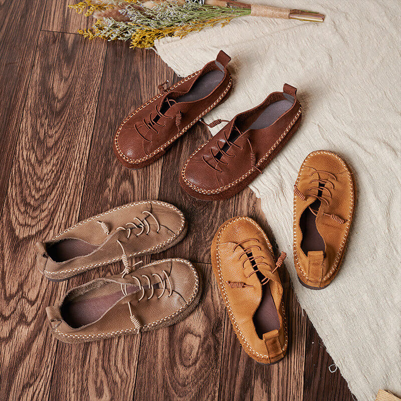 Super Soft Cowhide Granny Flats Lace Up Vintage Shoes in Brown Khaki ...