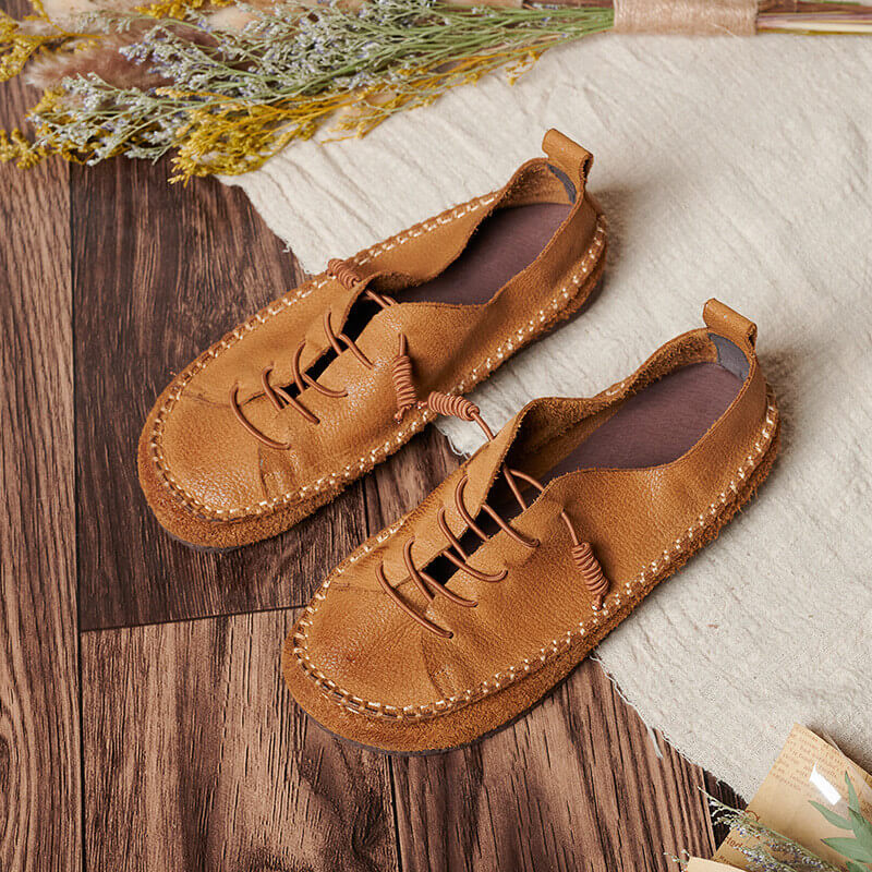 Super Soft Cowhide Granny Flats Lace Up Vintage Shoes in Brown Khaki ...