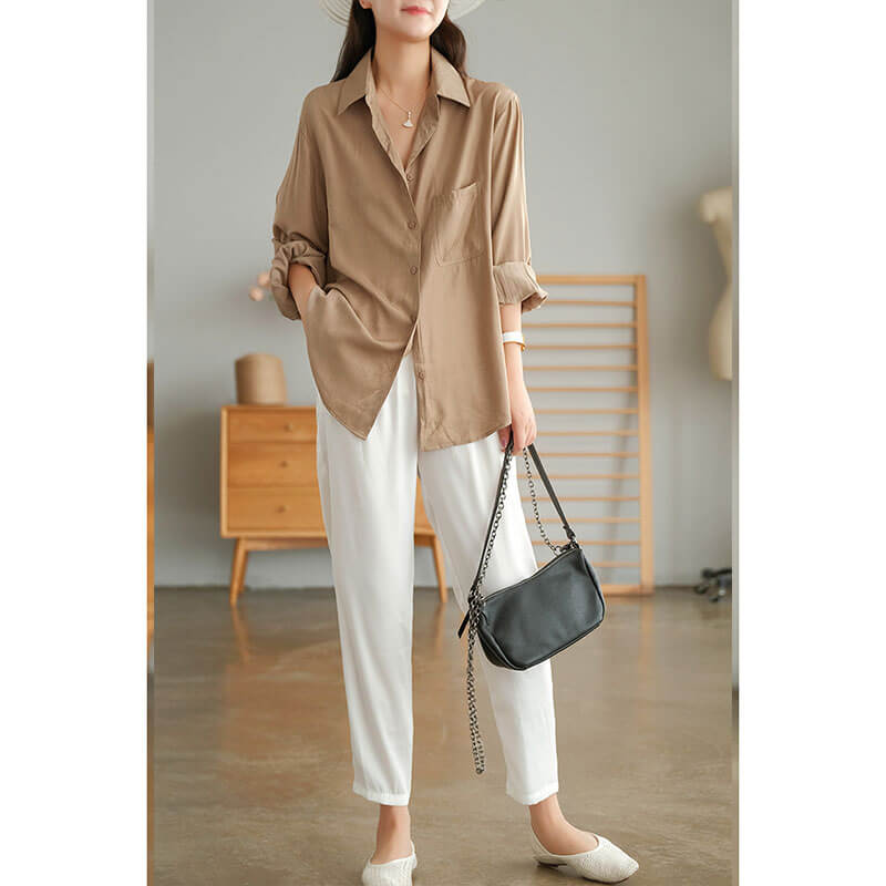 Neutral Colors Classic Oversized Shirt Long Sleeve Cotton Office Wear ...