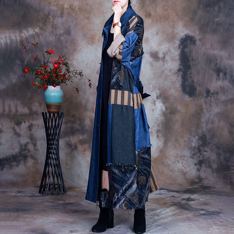 Colorful Patchwork Belted Long Coat Denim Striped Trench Coat in Blue ...