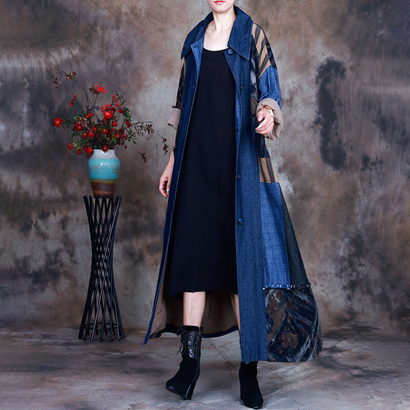 Colorful Patchwork Belted Long Coat Denim Striped Trench Coat in Blue ...