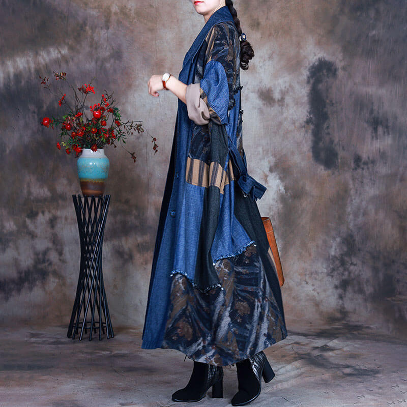 Colorful Patchwork Belted Long Coat Denim Striped Trench Coat in Blue ...