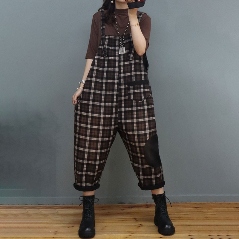 British Style Classic Plaid Overalls Black Patchwork Checkers Dungarees ...
