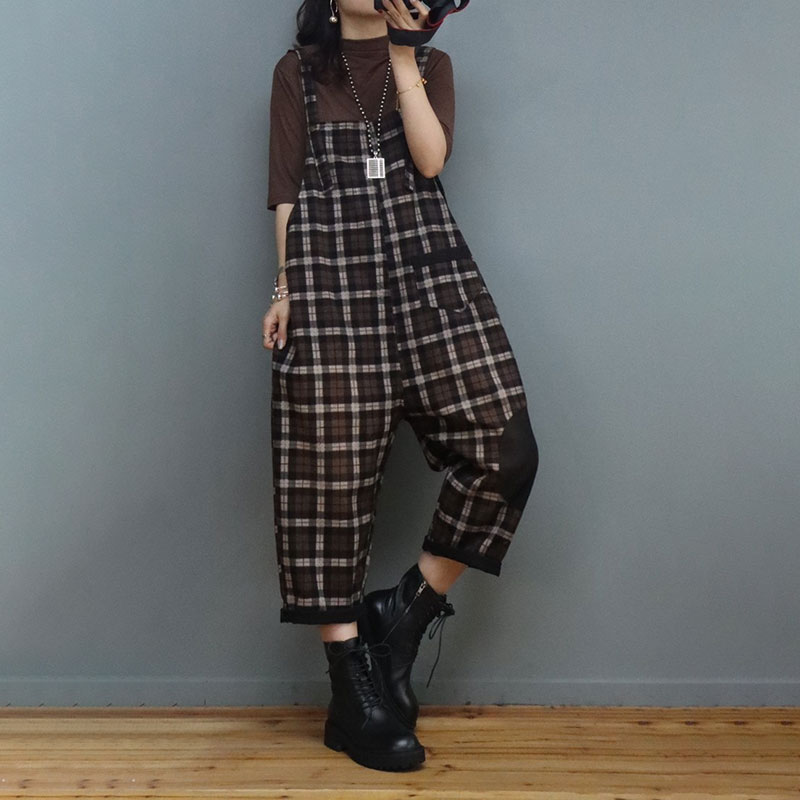 British Style Classic Plaid Overalls Black Patchwork Checkers Dungarees ...