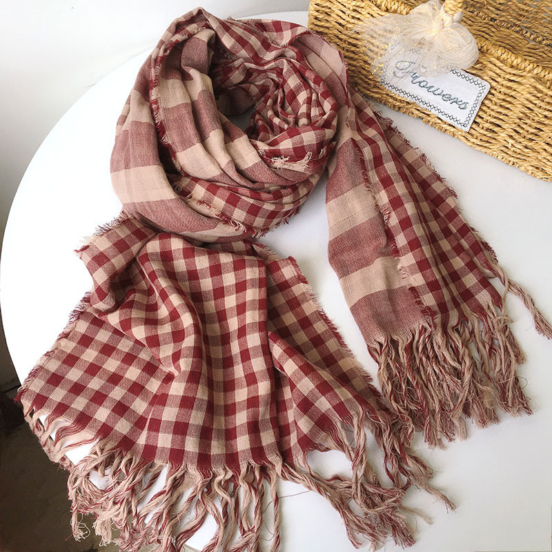 Preppy Style Tassel Scarf Cotton Plaid Shawl in Dark Red Mustard Black ...