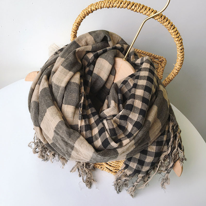 Preppy Style Tassel Scarf Cotton Plaid Shawl in Dark Red Mustard Black ...