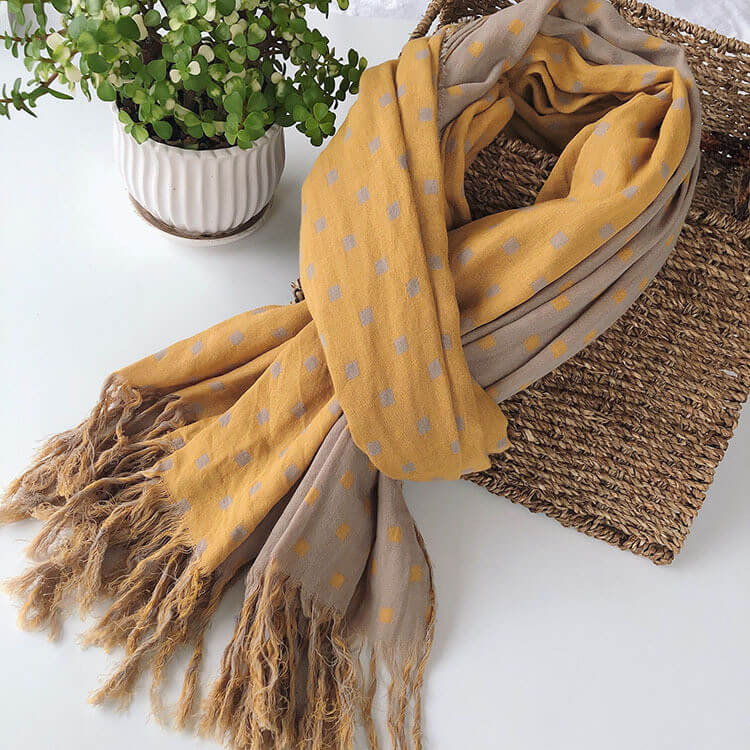 Small Plaids Cotton Scarf Bicolored Fringed Scarf in Blue Mustard ...