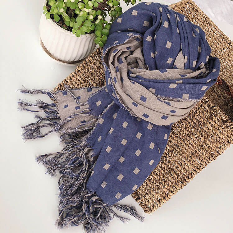 Small Plaids Cotton Scarf Bicolored Fringed Scarf in Blue Mustard ...