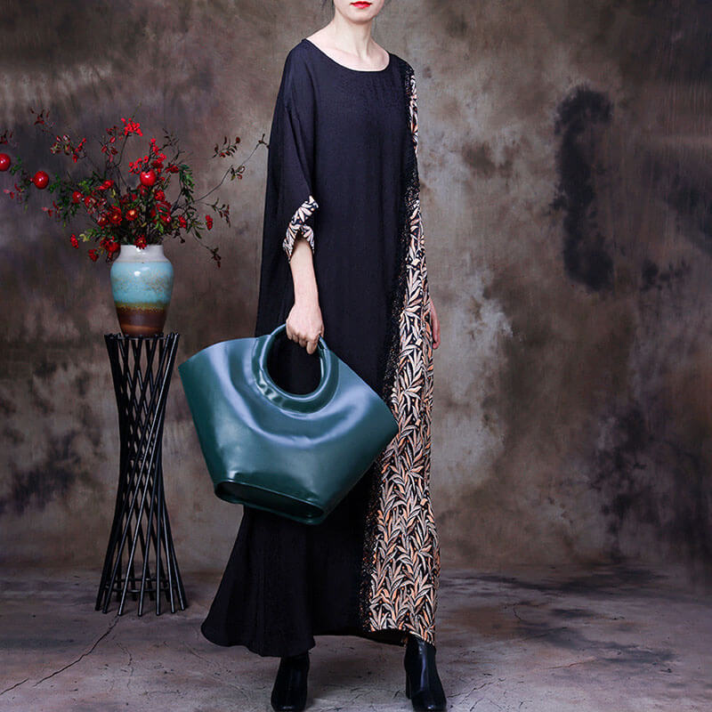 Leaf Printed Silky Flouncing Dress Large Black Modest Dress in Black ...