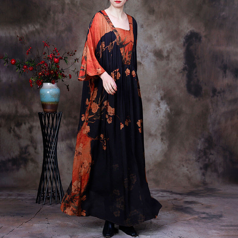 Flare Sleeves Loose Chinese Dress Contrast Colors Shift Dress in Orange ...
