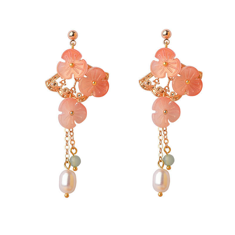 Traditional Chinese Pearl Earrings Colored Glaze Long Earrings in Pink ...