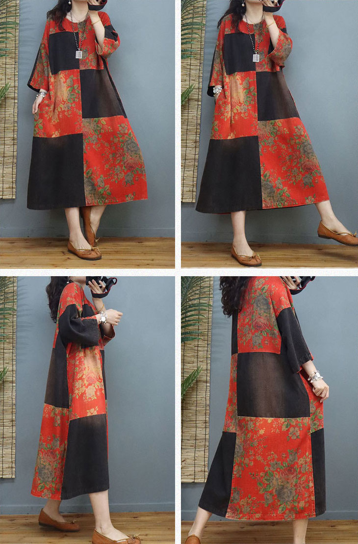 Color Block Cotton Linen Chinese Dress Large Floral Dress in Red One ...