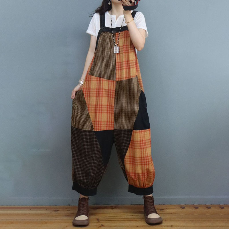 Cotton Linen Backless Overalls Orange Gingham Overalls in Plaid One ...