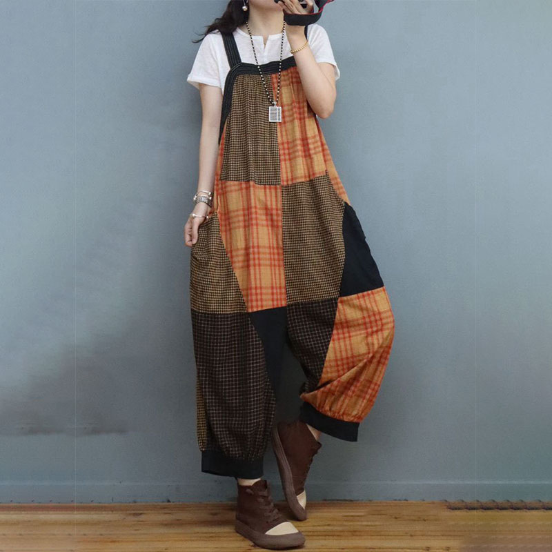 Cotton Linen Backless Overalls Orange Gingham Overalls in Plaid One ...