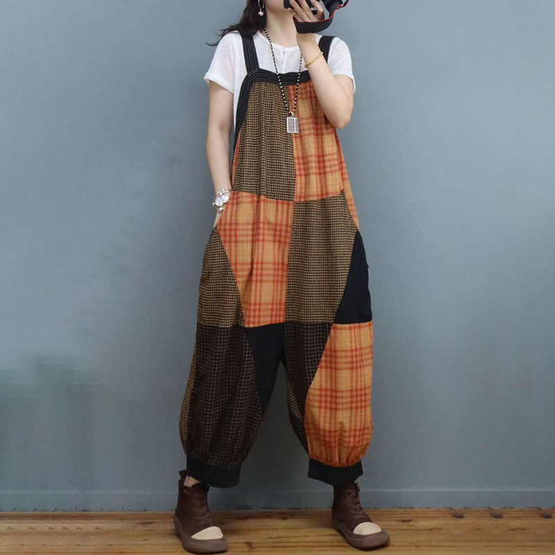 Cotton Linen Backless Overalls Orange Gingham Overalls in Plaid One ...