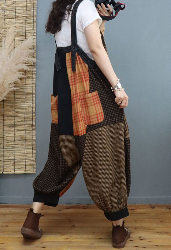 Cotton Linen Backless Overalls Orange Gingham Overalls in Plaid One ...