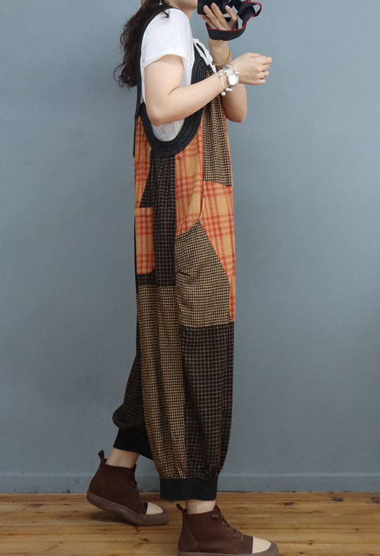 Cotton Linen Backless Overalls Orange Gingham Overalls in Plaid One ...
