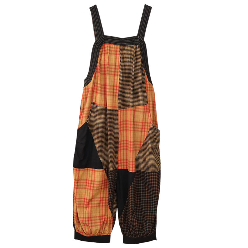 Cotton Linen Backless Overalls Orange Gingham Overalls in Plaid One ...