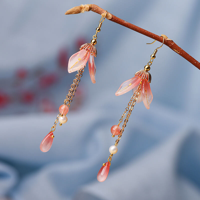 Red Glass Long Earrings Chinese Style Pearl Earring in Pink - Morimiss.com