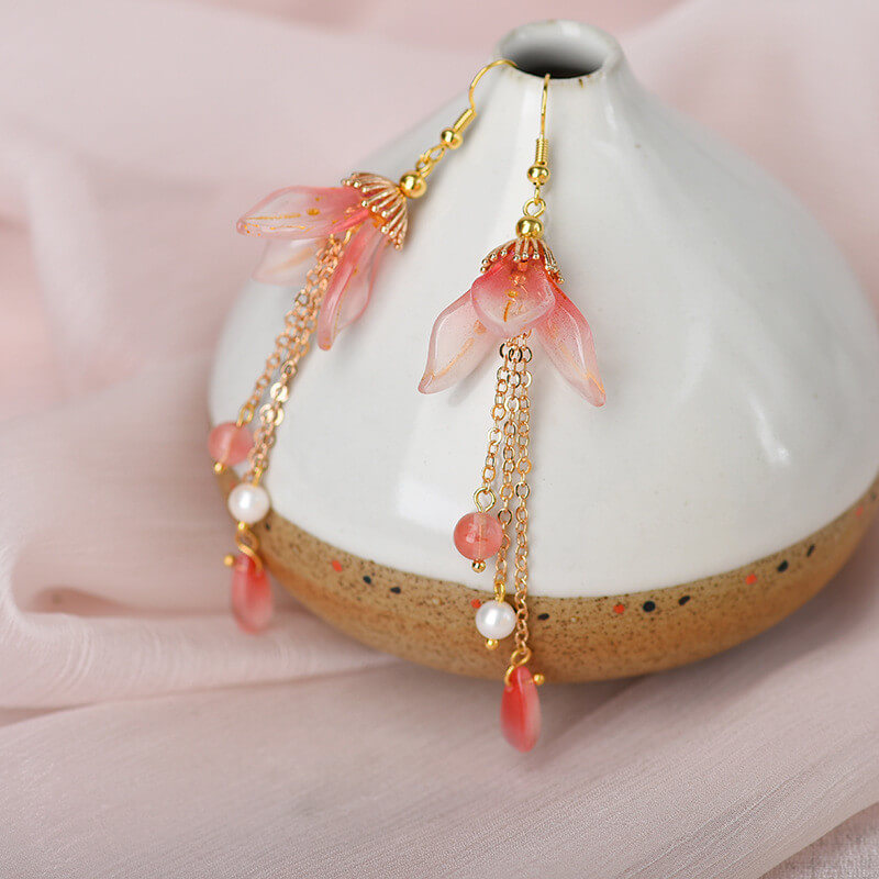 Red Glass Long Earrings Chinese Style Pearl Earring in Pink - Morimiss.com