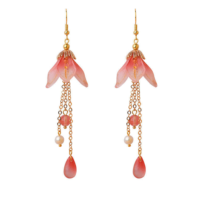 Red Glass Long Earrings Chinese Style Pearl Earring in Pink - Morimiss.com