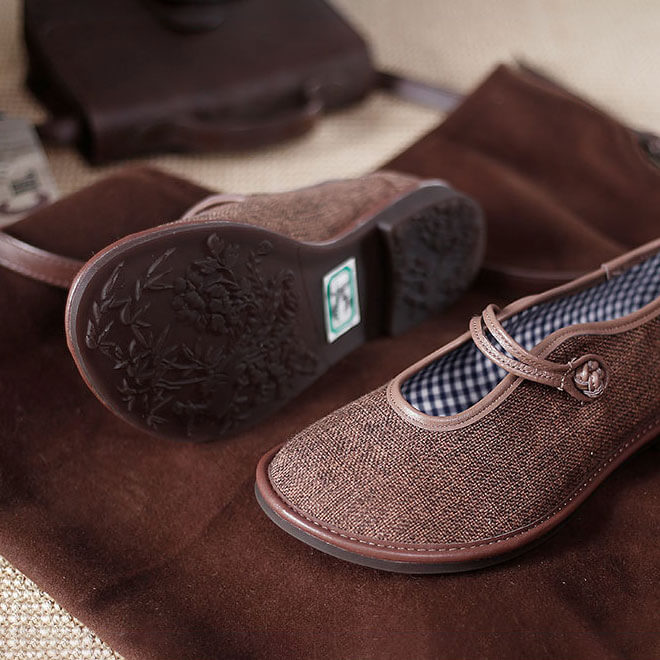 Chinese Style Chunky Linen Flats Low Heels Buckle Sandals in Beige Dark ...