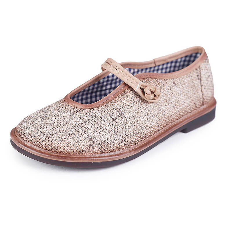 Chinese Style Chunky Linen Flats Low Heels Buckle Sandals in Beige Dark ...