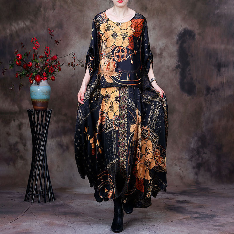 Yellow Flowers Modest Church Dress Over50 Flare Loose Dress in Print ...