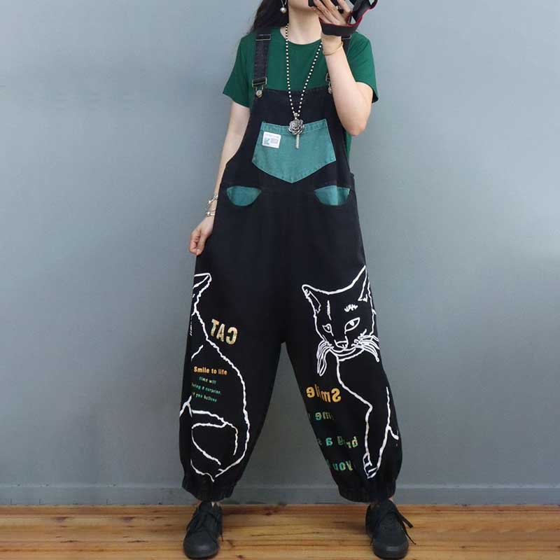 Cartoon Cat Baggy Black Overalls Denim Fluffy 90s Overalls in Black One ...