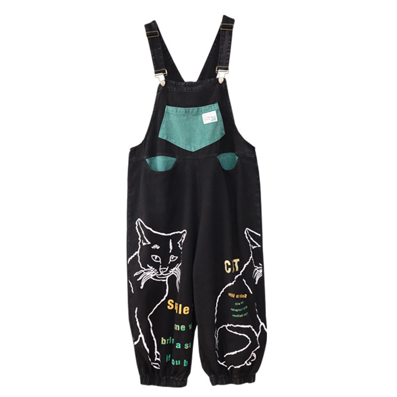Cartoon Cat Baggy Black Overalls Denim Fluffy 90s Overalls in Black One ...