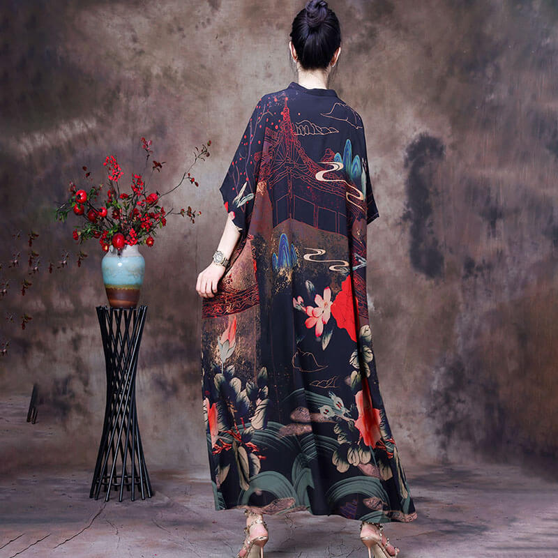 Mid-Calf Printed Chinese Traditional Dress Half Sleeve Plus Size Dress ...