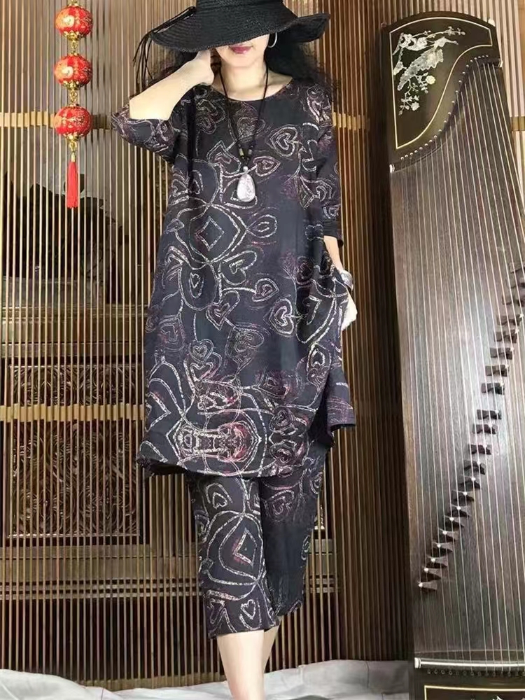 Organic Ramie Comfy Printed Blouse with Casual Harem Pants in Pink ...