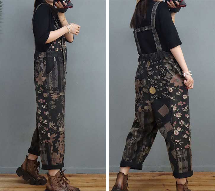 Street Fashion Backless Overalls 90s Floral Overalls for Women in Blue ...