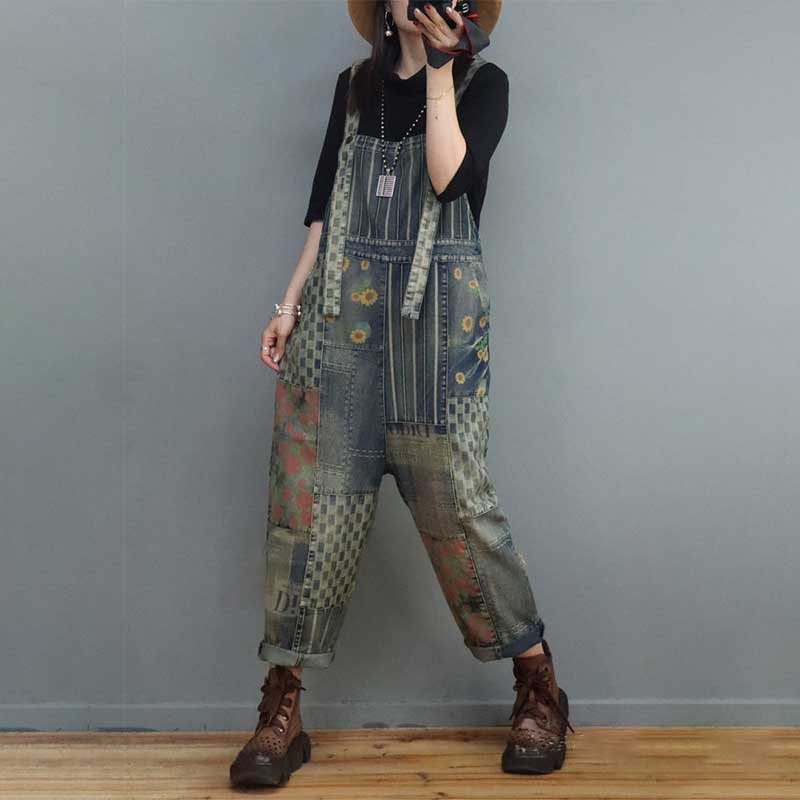 Street Fashion Backless Overalls 90s Floral Overalls for Women in Blue ...