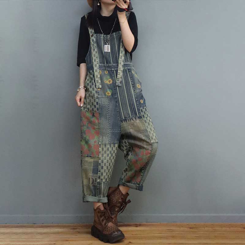 Street Fashion Backless Overalls 90s Floral Overalls for Women in Blue ...