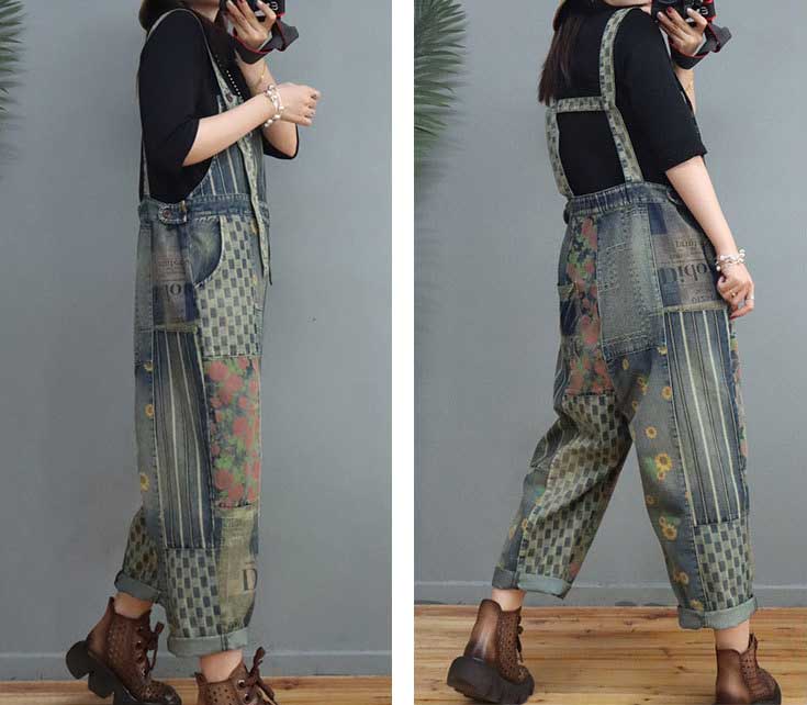 Street Fashion Backless Overalls 90s Floral Overalls for Women in Blue ...