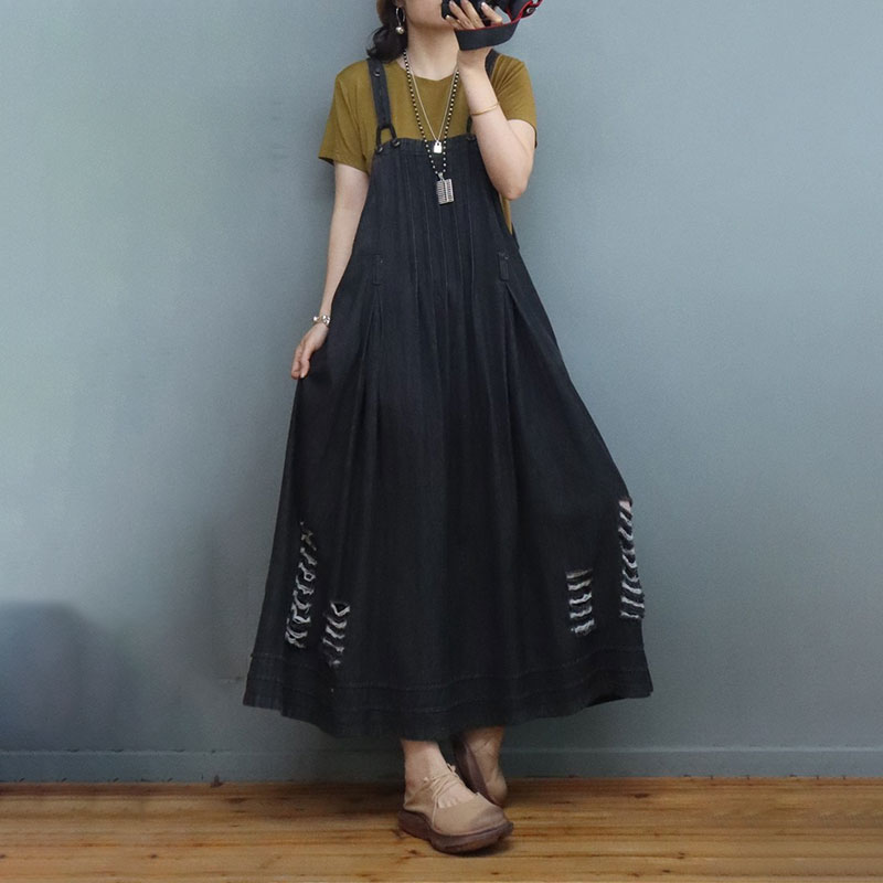Thin Denim Comfy Maxi Dress Summer Ripped Flare Sundress in Black One ...