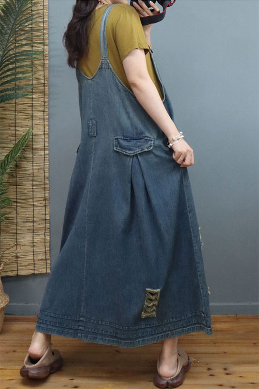 Thin Denim Comfy Maxi Dress Summer Ripped Flare Sundress in Black One ...