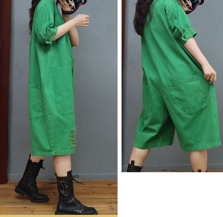 Ripped Knee Length Jumpsuits Plus Size Cotton Coveralls in Green Red ...
