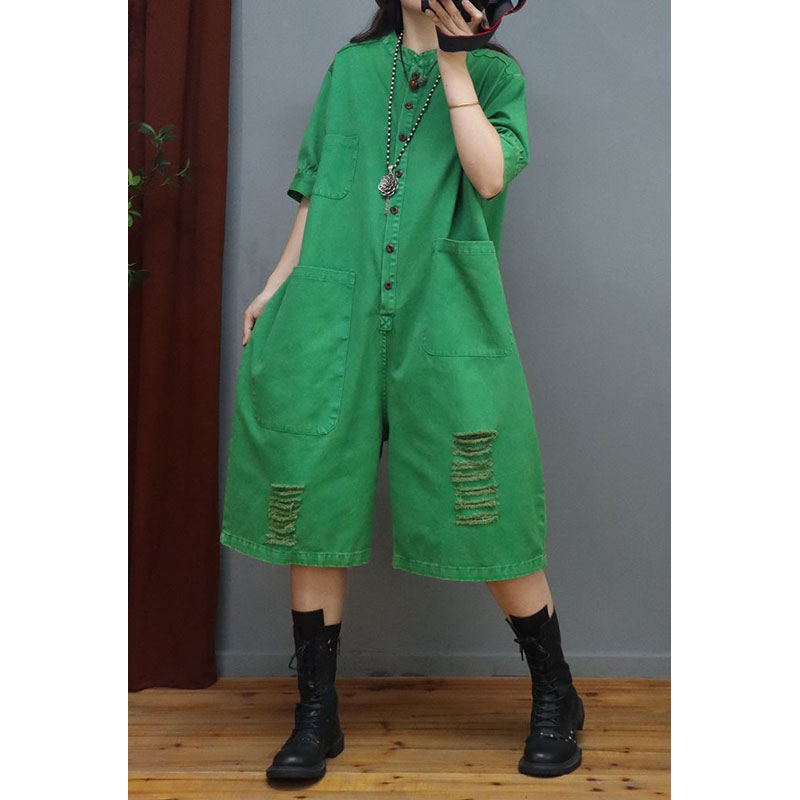 Ripped Knee Length Jumpsuits Plus Size Cotton Coveralls in Green Red ...