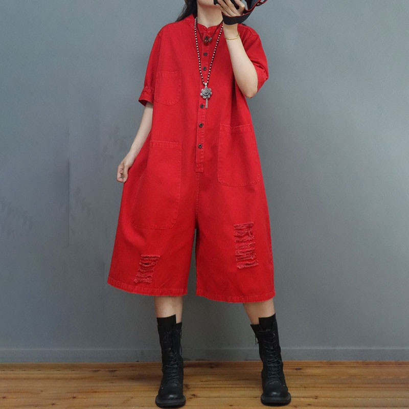 Ripped Knee Length Jumpsuits Plus Size Cotton Coveralls in Green Red ...